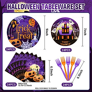 SCIONE 96 Pcs Halloween Party Supplies, Purple Halloween Plates and Napkins Trick Or Treat Tableware Set, Happy Halloween Holiday Pumpkin Ghost Dinnerware Party Decorations Serve 24 Guests