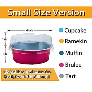 All In One Foil Liners, Yuiviot Aluminum Baking Cups with Lids 60Pack, 4-Inch 5oz Foil Cupcake and Muffin Liner, 60 Cups and 60 Lids(4 Types In 1 Package) for Ramekin, Pie, Cupcake Holder Tin Pan