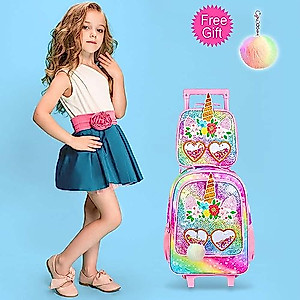 ZLYERT 3PCS Rolling Backpack for Girls, Unicorn Roller School Bag with Wheels for Kids, Wheeled Bookbag with Lunch Box for Children - Pink