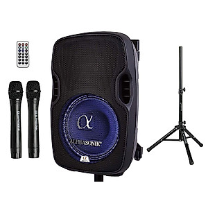 Alphasonik 8" Portable Rechargeable Battery Powered 800W Pro DJ Amplified Loud Speaker with 2 Wireless Microphones Echo Bluetooth USB SD Card Aux MP3 FM Radio PA System LED Ring Karaoke Tripod Stand
