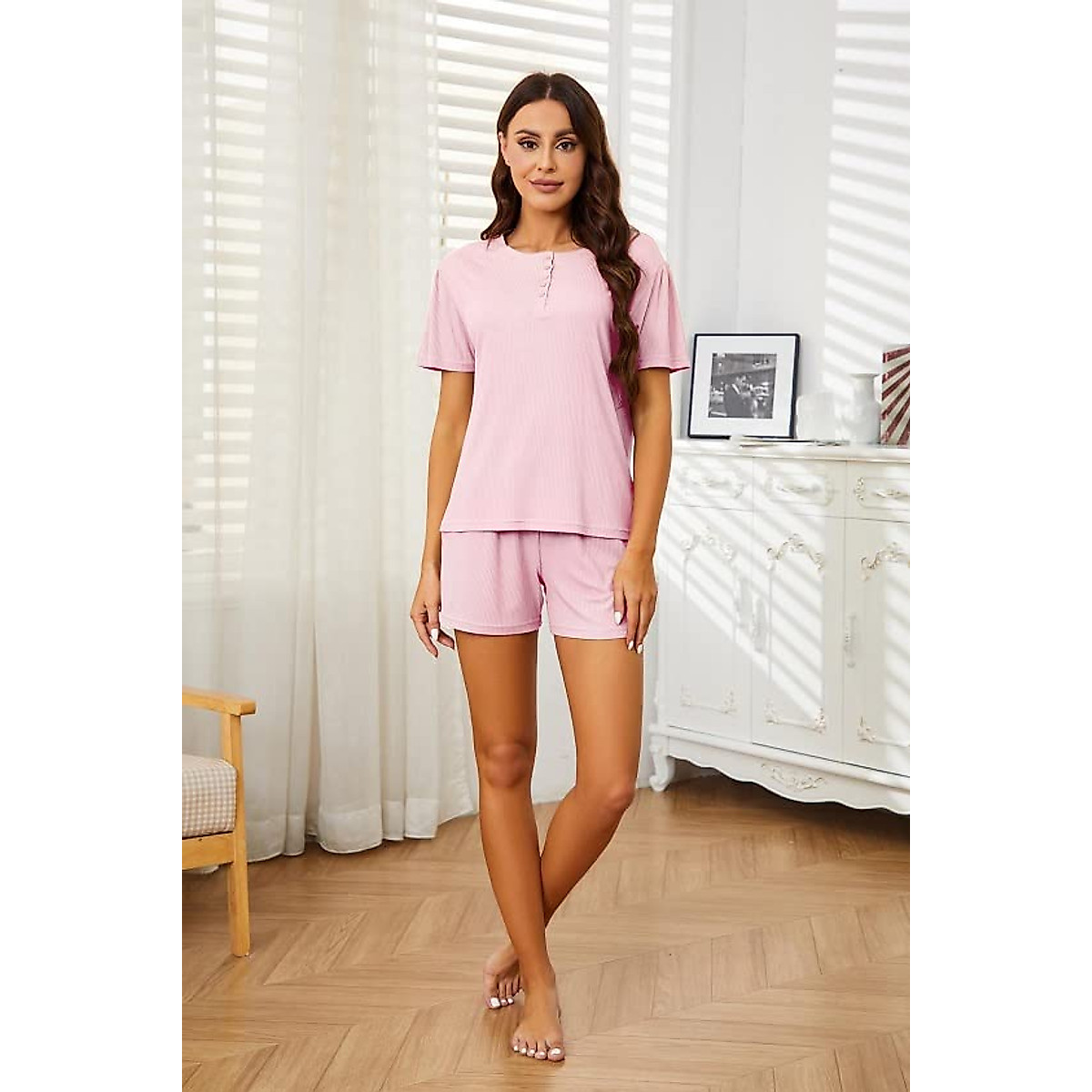 HEARTNICE Pajamas Set for Women Soft Shorts Lounge Sets Short Sleeve Sleepwear Summer PJ 2 Piece(Dusty Pink, L)