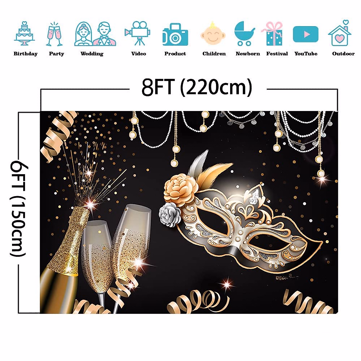 Masquerade Party Backdrops Retro Gold Black Mask Carnival Birthday Photography Backdrop Fiesta Mardi Gras Dance Photo Background Champagne Glass Photo Booths Props Decorations 8x6ft Vinyl