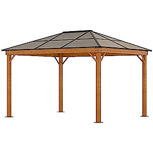 Outsunny 10' x 12' Hardtop Gazebo Canopy with Polycarbonate Roof, Aluminum Frame, Permanent Pavilion Outdoor Gazebo with Netting, for Patio, Garden, Backyard, Deck, Lawn, Khaki