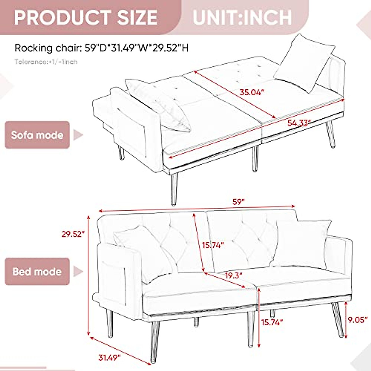 Antetek Convertible Futon Sofa Bed, 59-inch Modern Velvet Sleeper Sofa Small Loveseat with Two Pillows, 3 Adjustable Positions and 6 Golden Metal Legs Furniture for Living Room and Bedroom, Pink