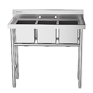 Bonnlo 3-Compartment 304 Stainless Steel Utility Sink Commercial Grade Laundry Tub Culinary Sink for Outdoor Indoor, Garage, Restaurant, Kitchen, Laundry/Utility Room - 39” W x 18” D x 40.2” H