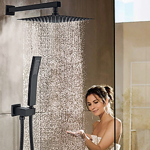 DMDMBATH Shower System Matte Black with 10 inch Rain Shower Head High Pressure Shower Faucet Set Shower Fixture Complete Combo Set Bathroom Bathtub Shower Trim Systems (Matte Black)