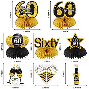 Turypaty 36Pcs 60th Birthday Decorations Kit for Men Women, Black Gold Happy 60 Birthday Banner Balloons Honeycomb Centerpiece Hanging Swirls Kit Party Supplies, Sixty Year Old Bday Table Topper