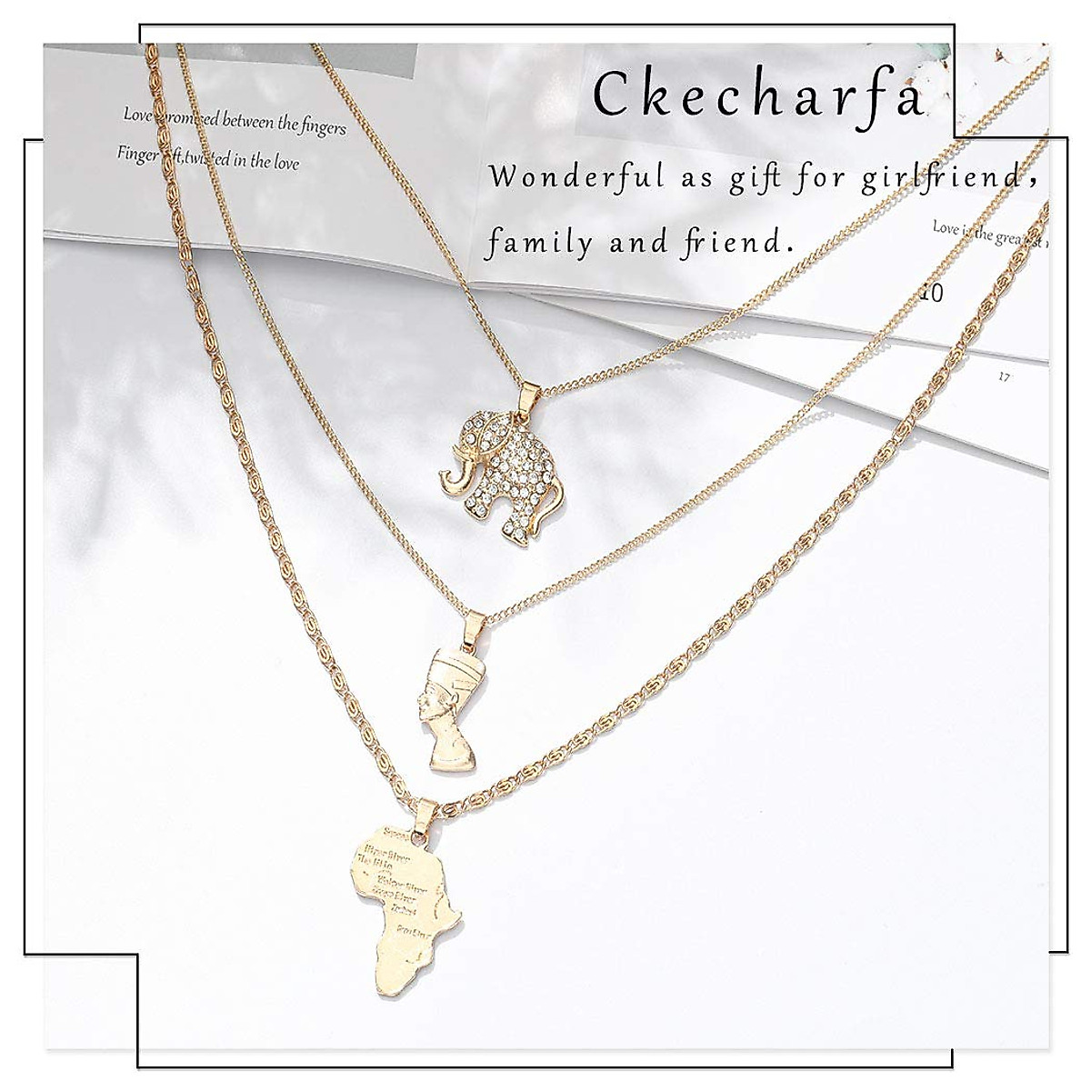 Ckecharfa Boho Rhinestone Layered Necklaces Gold Africa Map Necklaces Elephant Choker Egyptian Queen Necklace Beach Adjustable Neck Chain Jewelry Accessories for Women