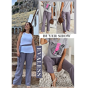 EVALESS Casual High Waisted Straight Leg Linen Palazzo Pants for Women Casual Solid Color Tie Comfy Trousers with Pockets Grey Large