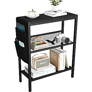 Yusong Small Narrow Side Table for Small Spaces, Slim End Table with Storage Bag, Sofa Snack Table with Adjustable Metal Mesh, 3 Tier Accent Skinny Beside Table for Living Room & Bedroom, Black Oak