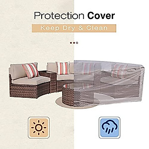 SUNSITT Outdoor 7-Piece Half-Moon Sectional Furniture Set with Round Coffee Table, Patio Curved Sofa Set, Beige Cushion and Brown Wicker, Incl. Waterproof Cover