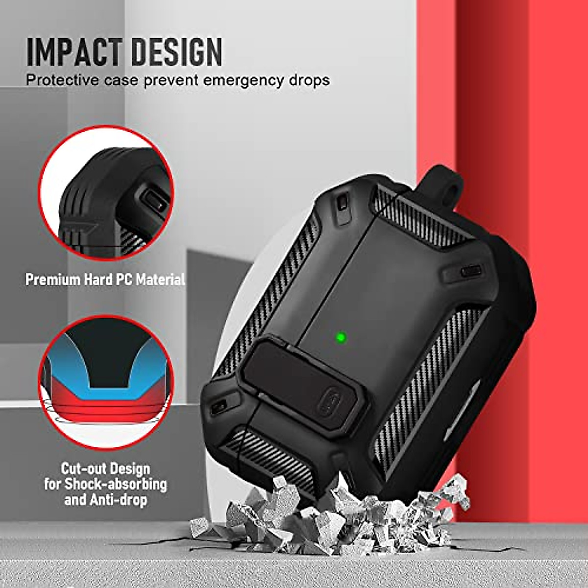 Youskin Airpod Pro Case Secure Lock Clip Case,Carbon Fiber Military Armor Series Full-Body Rugged Hard Shell Airpod Pro Case for Men Women with Keychain,Black