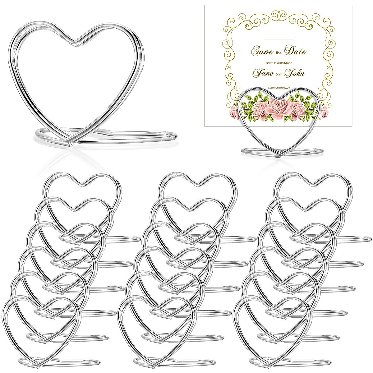 Moxweyeni 20 Pcs Wedding Place Card Holders for Table Heart Wedding Table Number Holders Mini Picture Photo Stands for Wedding Bridal Shower Party (Silver)