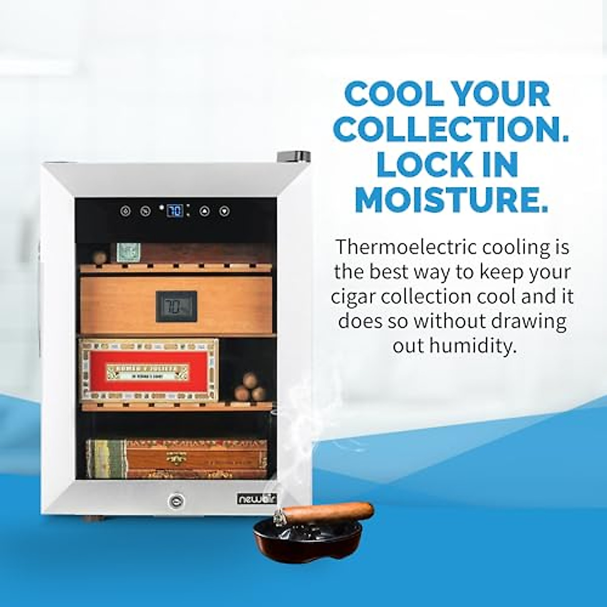 NewAir Electric Cigar Humidor Wineador | 250 Count | Stainless Steel Cooler with Opti-Temp Heating, Cooling Function 54-74F, and Spanish Cedar Shelves NCH250SS01