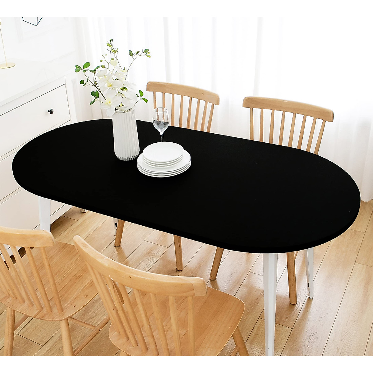 Wolkemer Fitted Oval Tablecloth Spandex Stretch Black Cocktail Table Cover Elastic Edge Topper Cap for Dining Wedding Party Picnic 48 x 72 Inch