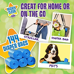 Mighty Clean Baby Disposable Diaper Bag Refill Rolls - Waste Sacks with Light Powder Scent - 144 Count