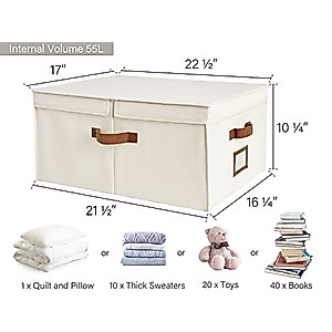 StorageWorks 55L Storage Bin, Decorative Closet Storage Box with Double-Open Lid, Divider Board and 3 PU Handles, Hand Wash, Canvas, Ivory White, Extra Large