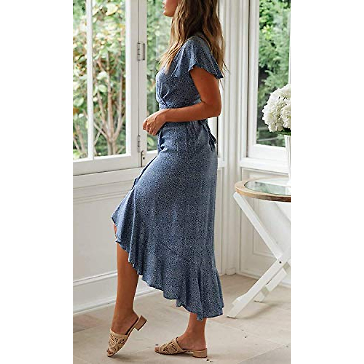 ZESICA Women's 2023 Bohemian Floral Printed Wrap V Neck Short Sleeve Split Beach Party Maxi Dress,Light BlueFloral,Small