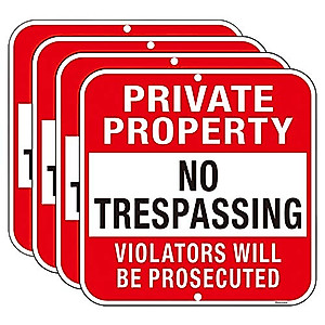 Doninex Large (4 Pack) Private Property No Trespassing Sign, 12x12 Inches Metal Heavy Duty Reflective Aluminum, Violators Will Be Prosecuted Signs, Weather Resistant, Weatherproof, Indoor or Outdoor