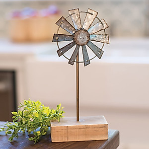 CWI Gifts Simple Windmill Table Sitter - 9 inch Galvanized Metal Windmill - Farmhouse Tabletop Decor