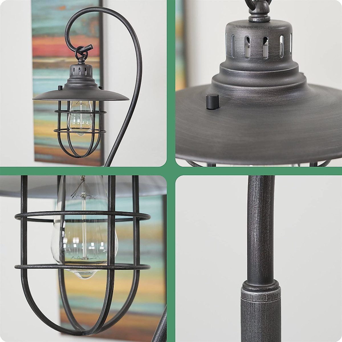 Kira Home Lantern 58" Industrial Nautical Floor Lamp + 6W Bulb (Energy Efficient / Eco-Friendly), Hanging Shade Design + Cage, Brushed Pewter Finish