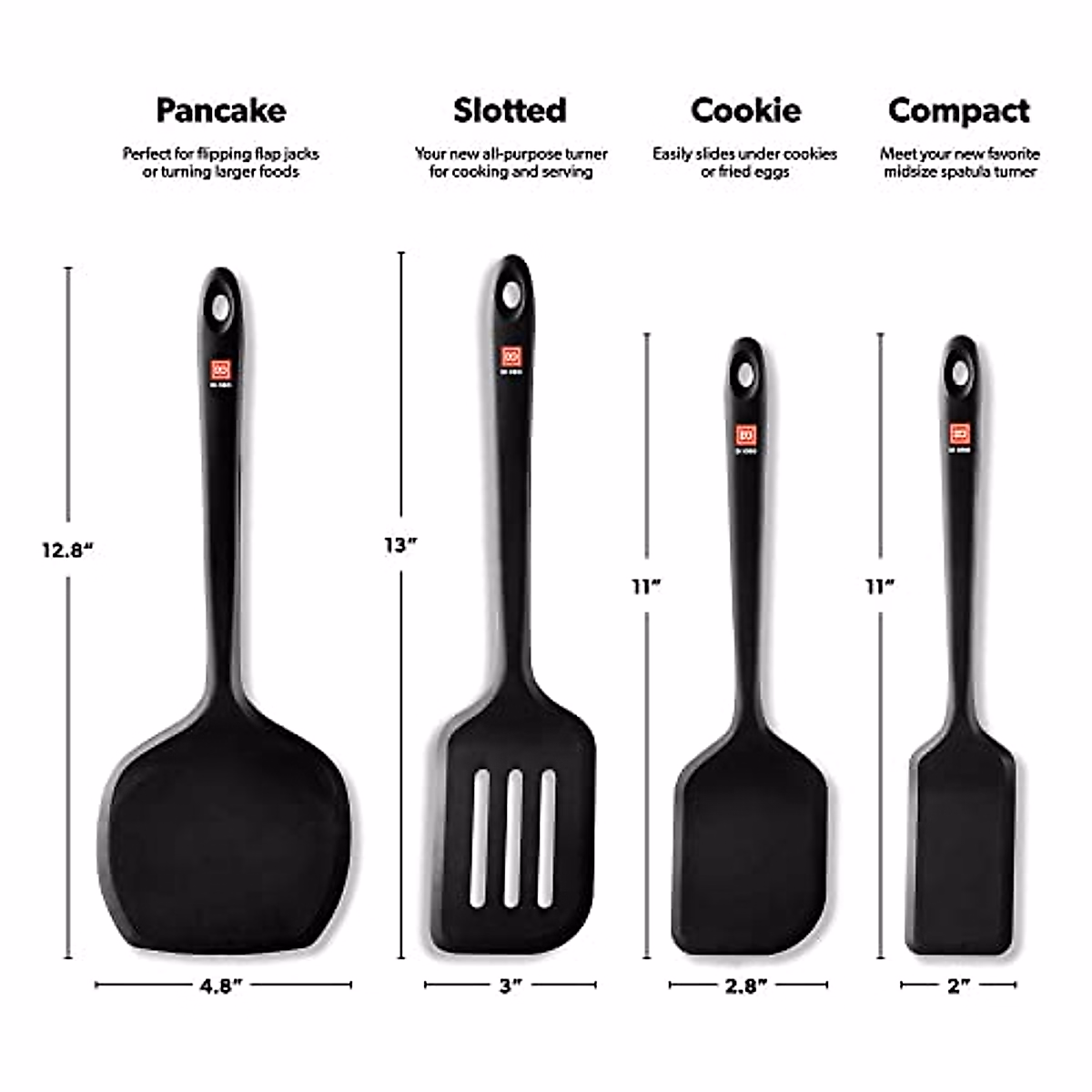 DI ORO Silicone Turner Spatula Set - Kitchen Spatulas for Nonstick Cookware - Cooking Utensils for Flipping Eggs & Pancakes - 600°F Heat-Resistant BPA Free Turners - Dishwasher Safe (4pc, Black)