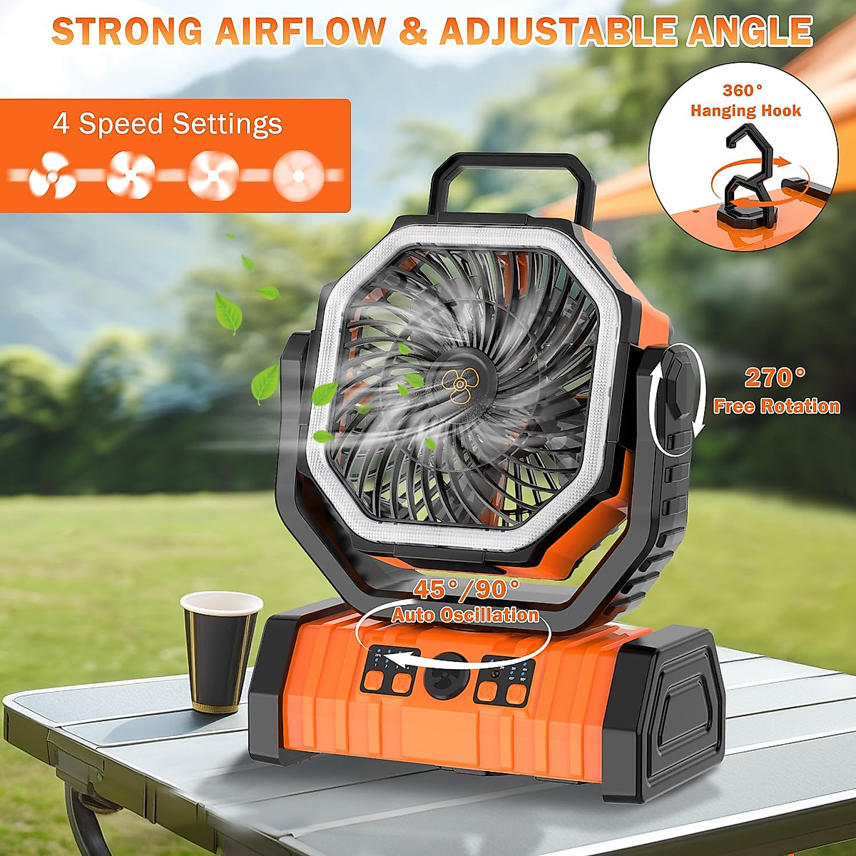 Camping Fan Rechargeable, 20000mAh Large Battery Powered Fan, 4 Speed Rechargeable Fan Portable with Remote, Battery Operated Fan with LED Light and Hanging Hook, Cordless Fan for Tent Picnic Outdoor