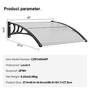 VEVOR Window Door Awning Canopy 40" x 40", UPF 50+ Polycarbonate Entry Door Outdoor Window Awning Exterior, Front Door Overhang Awning for Sun Shutter, UV, Rain, Snow Protection, Hollow Sheet
