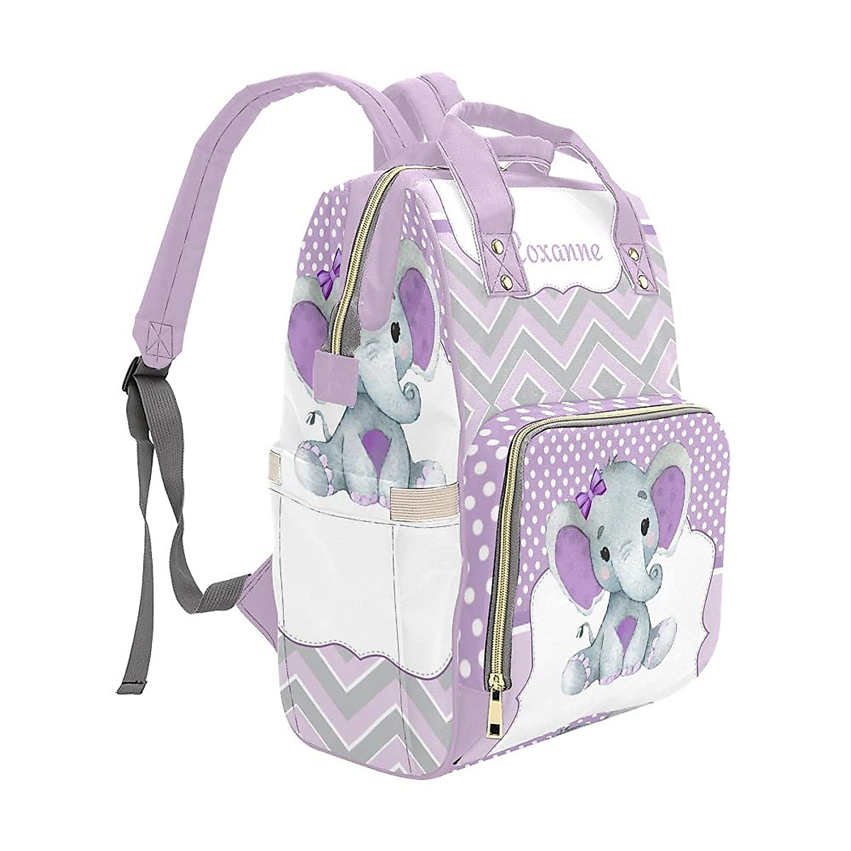 Polka Dot Purple Elephant Diaper Bags Backpack with Name Personalized Nursing Nappy Bag Travel Tote Bag Gifts