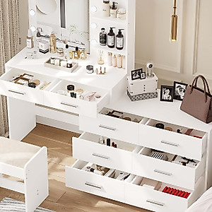 Rovaurx 65" W Makeup Vanity Set with Mirror and 3-Color Lights, Large Vanity Table with 8 Drawers & Side Storage Shelf, Adjustable Width, Bedroom Dressing Table with Stool, for Women, White RSZT109WD