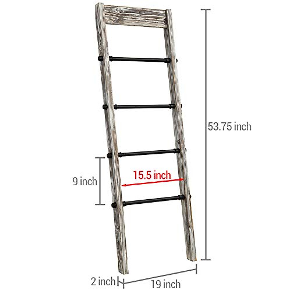 MyGift Solid Torched Wood Wall Leaning Blanket Ladder Quilt Rack, Farmhouse Bathroom Storage Towel Ladder Holder with Industrial Black Metal Pipe Rung
