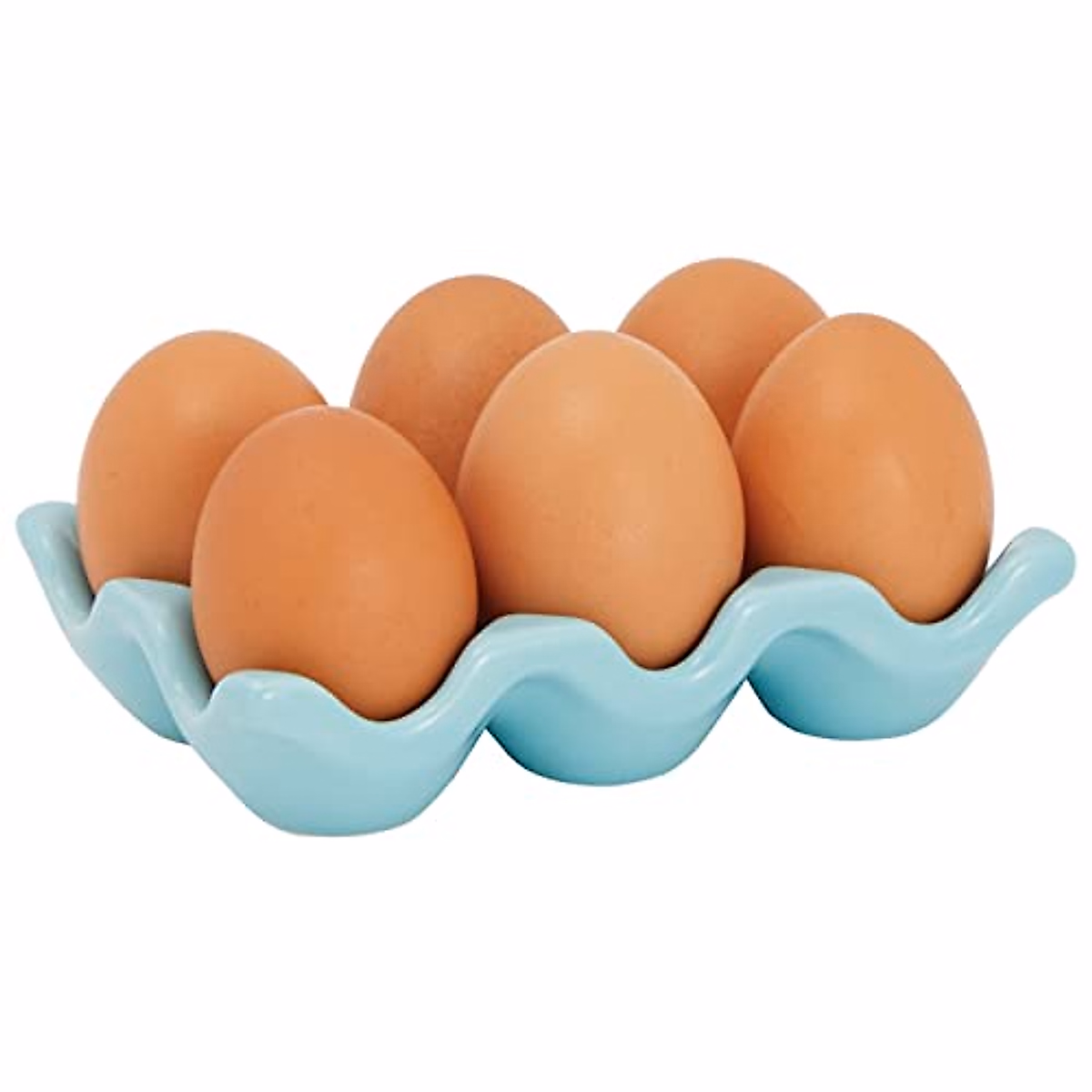 2 Pack Ceramic Half Dozen Egg Tray Holder for Countertop, Refrigerator, Porcelain Egg Carton Holds 6 Chicken Eggs, Hard Boiled Eggs for Easter Egg Painting (Teal)