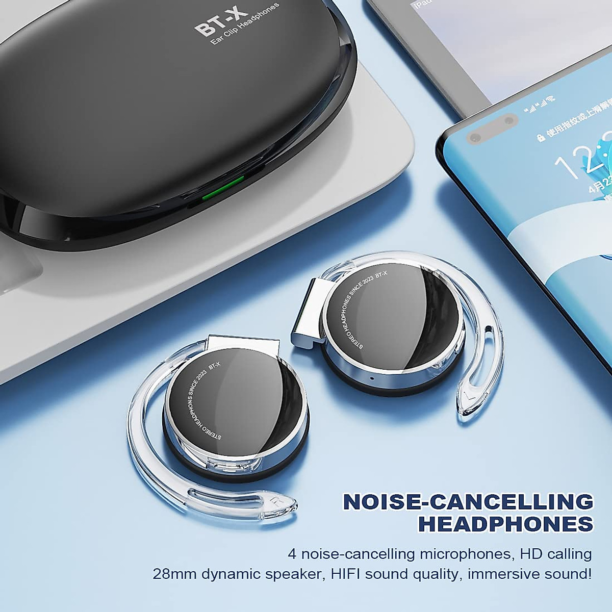 Clip on Headphones Bluetooth V5.3, Open Ear Earphones Wireless with Earhooks, Ear Clip On-Ear Headphones, Sports Headset Bluetooth with 4 Microphones, Noising Cancelling/Long Battery Life(Black)