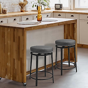 FLYZC Bar Stools Set of 2 Counter Height Swivel Bar Stools Backless Round Barstools 24inch Grey Upholstered Faux Leather Counter Height Stools Counter Stools for Kitchen Counter Island Grey