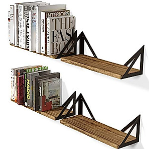 Wallniture Minori Floating Shelves Set of 4, Small Bookshelf Unit for Bedroom, Office, Bathroom, and Living Room, Natural Burned Rustic Wood Wall Decor with Metal Floating Shelf Bracket
