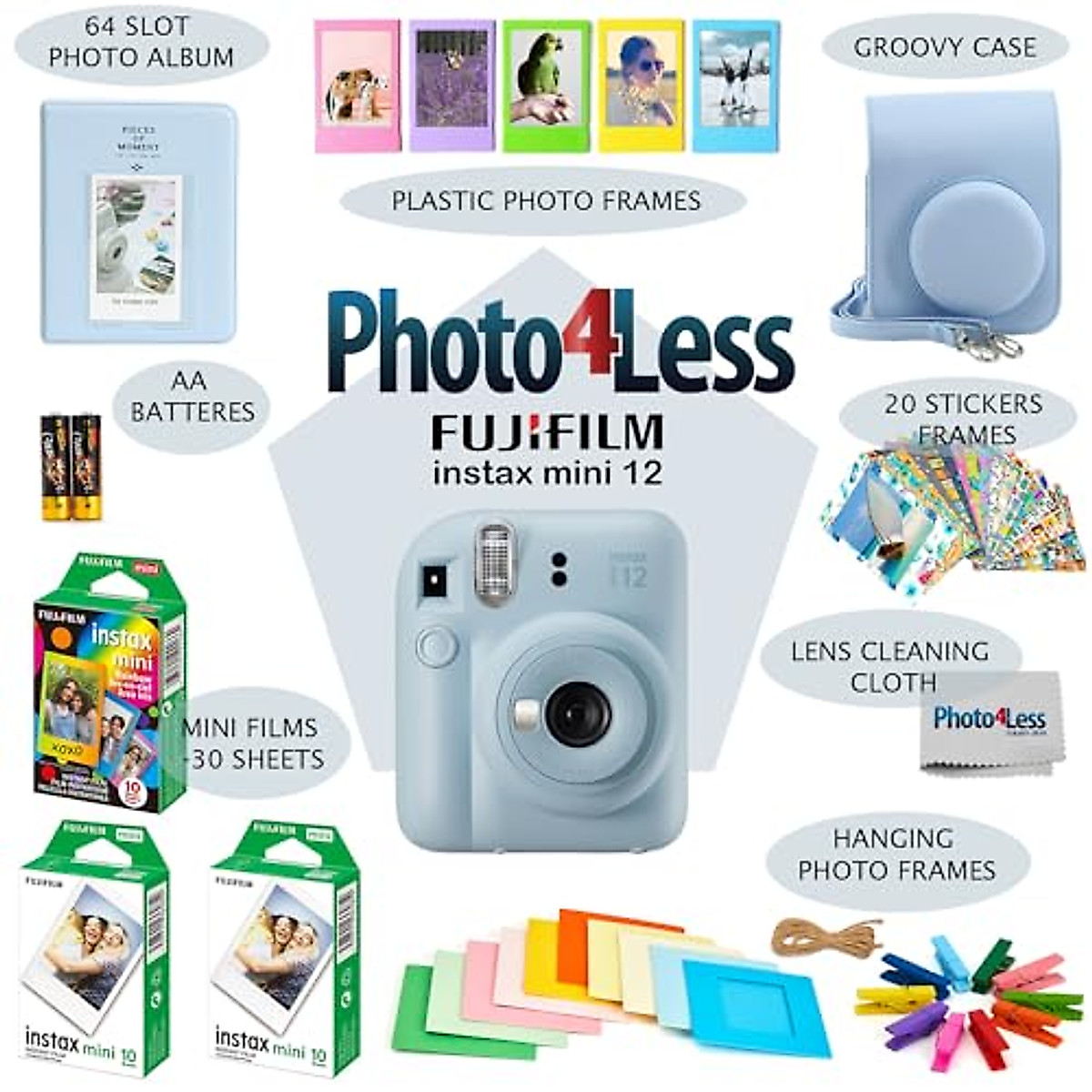 Fujifilm Instax Mini 12 Instant Film Camera (Pastel Blue), Fuji Instax Film Value Pack 30 Sheets, Protective Case, Instax Gift Bundle