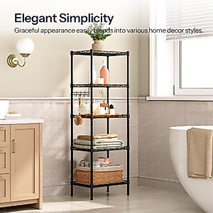 HOOBRO 5-Tier Storage Rack, Wire Shelving Unit with Adjustable Shelves, Standing Metal Shelf with Removable Drawer and 5 Hooks for Bathroom, Living Room, Bedroom, Kitchen, Black BK25CJ01