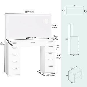 YITAHOME Makeup Vanity with LED Illuminated Mirror & Power Outlet, 46'' Vanity Desk Set Boasting 11 Drawers, Dressing Table with Storage Bench for Bedroom, 3 Lighting Color Adjustable, Off White