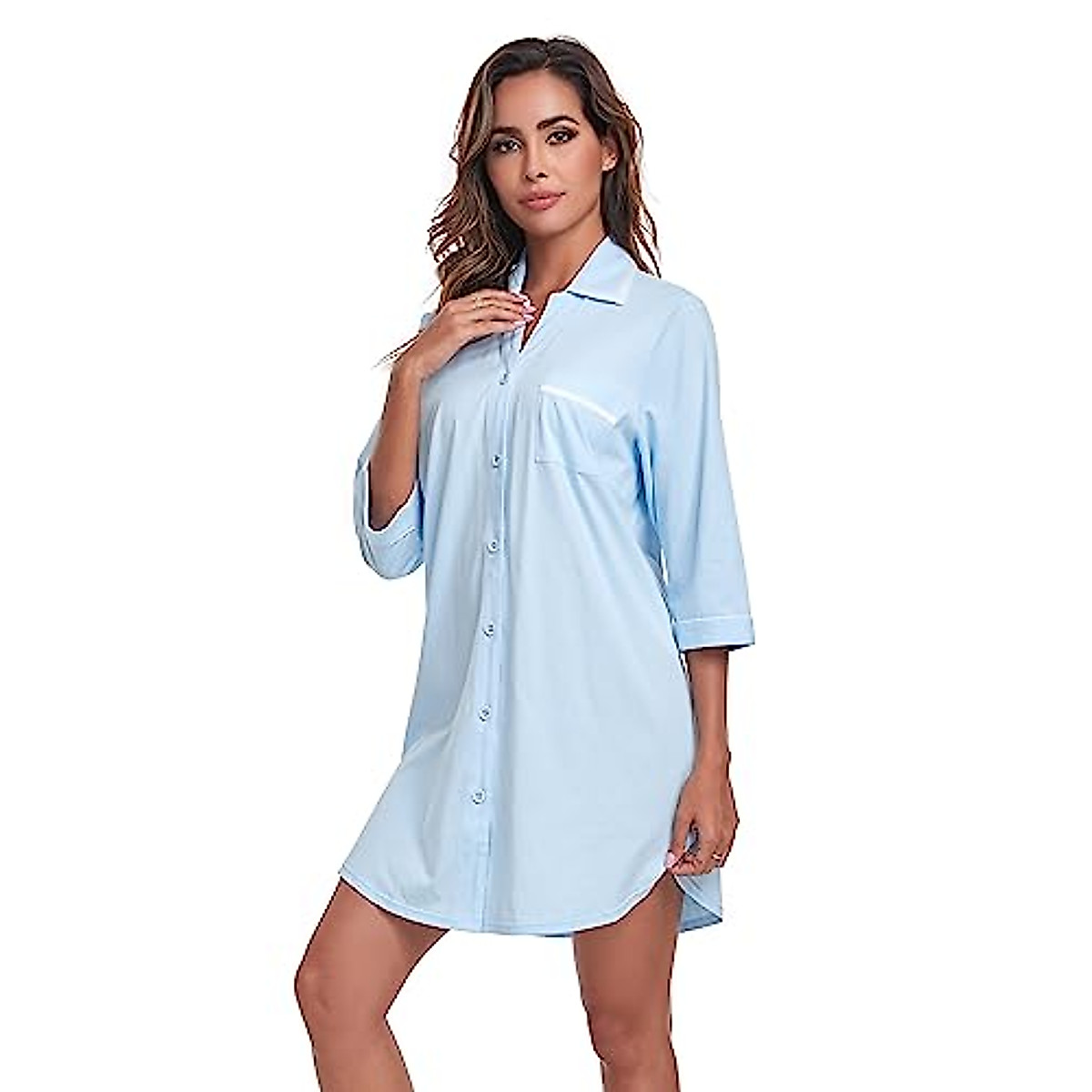 COLORFULLEAF 100% Cotton Nightgowns for Women 3/4 Sleeve Sleep Shirt Button Down Soft Sleepwear Night Dress S-XXL (Light Blue,M)