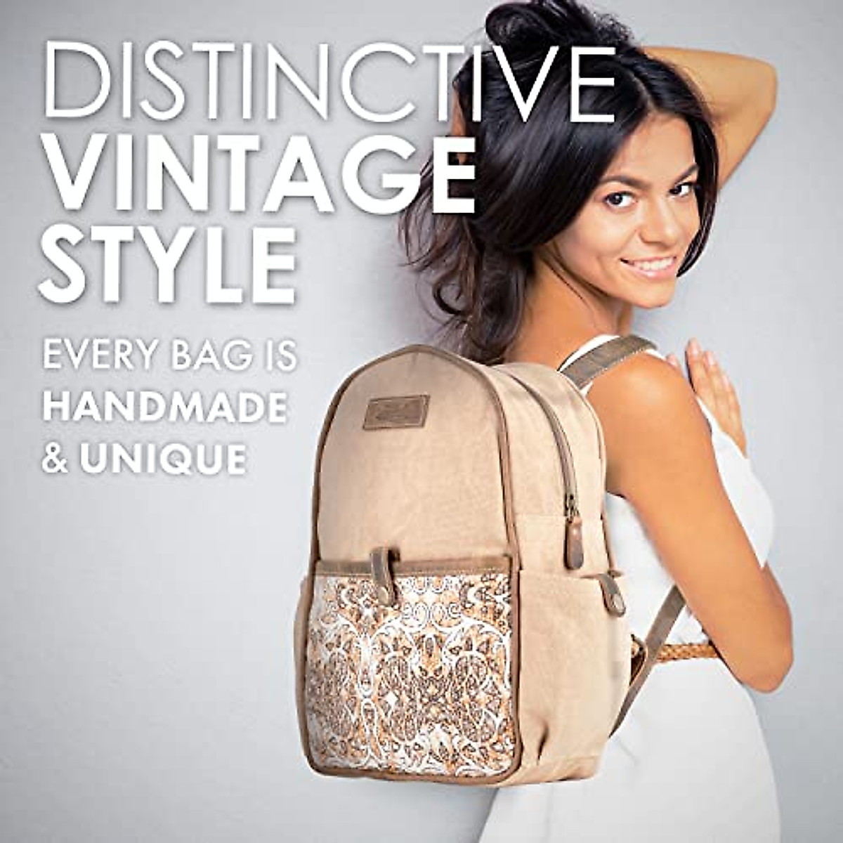 SIXTEASE Womens Fashion Backpack Chic Vintage Style Backpack Made with Genuine Leather, Upcycled Canvas, or Hair On - Large Interior with Multiple Inner and Outer Pockets - Cosmic Latte