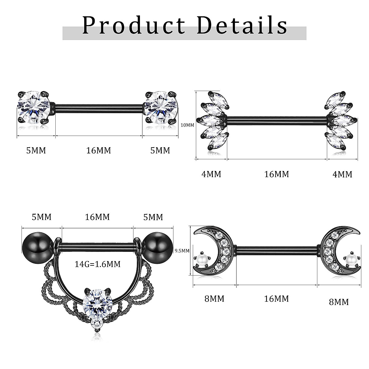 FINREZIO 4Pairs 14G Nipple Rings 316L Surgical Steel Moon Flower Nipple Tongue Ring Barbell Piercing for Women Body Piercing Jewelry