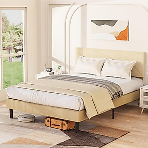 Flolinda Queen Size Bed Frame with Fabric Upholstered Headboard, Queen Bed Frame with Wooden Slats Support, Fully Upholstered Mattress Foundation, No Box Spring Needed, Easy Assembly, Beige