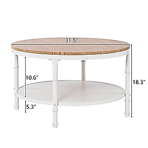 VINGLI 31.5" Natural White Round Farmhouse Coffee Table, 2-Tier Storage Wood Center Circle Accent Table for Living Room, Bedroom, Apartment, Studio and Small Spaces, Sturdy Metal Frame, Natural Color