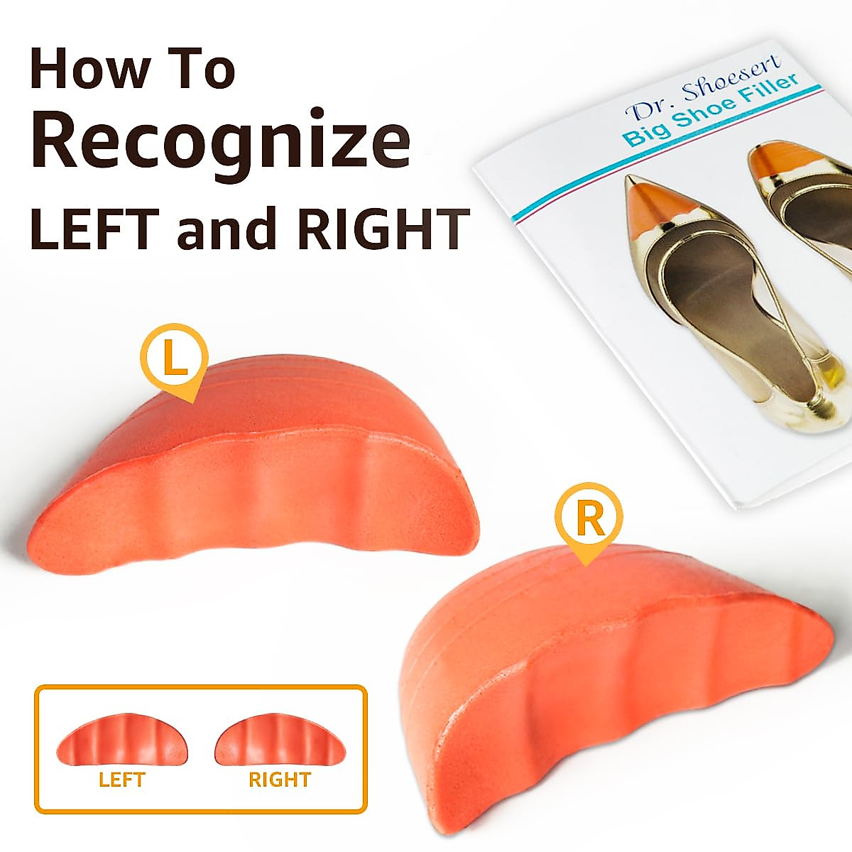 Dr. Shoesert Shoe Filler Inserts for Loose Shoe, Toe Cushion Fillers Make Shoes Fit, Half-Size Insoles Adjust Shoe Too Big for High Heels, Dress Shoes, Casual, Flats 2 Pairs (Orange - Round)