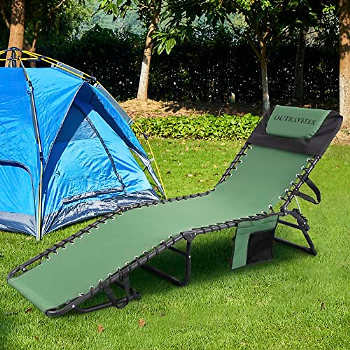 Outraveler Patio Folding Chaise Lounge,Outdoor Lounge Chair Sunbed,Camping Cot,Green
