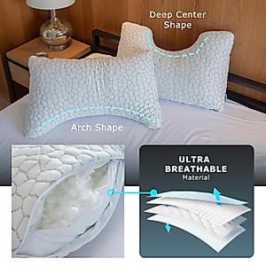Pharmedoc Adjustable Shredded Memory Foam Curved Pillow - Side Sleeper Pillow - Deep Center - Neck Pillow for Pain Relief - Queen Bed Pillow 1 Pack