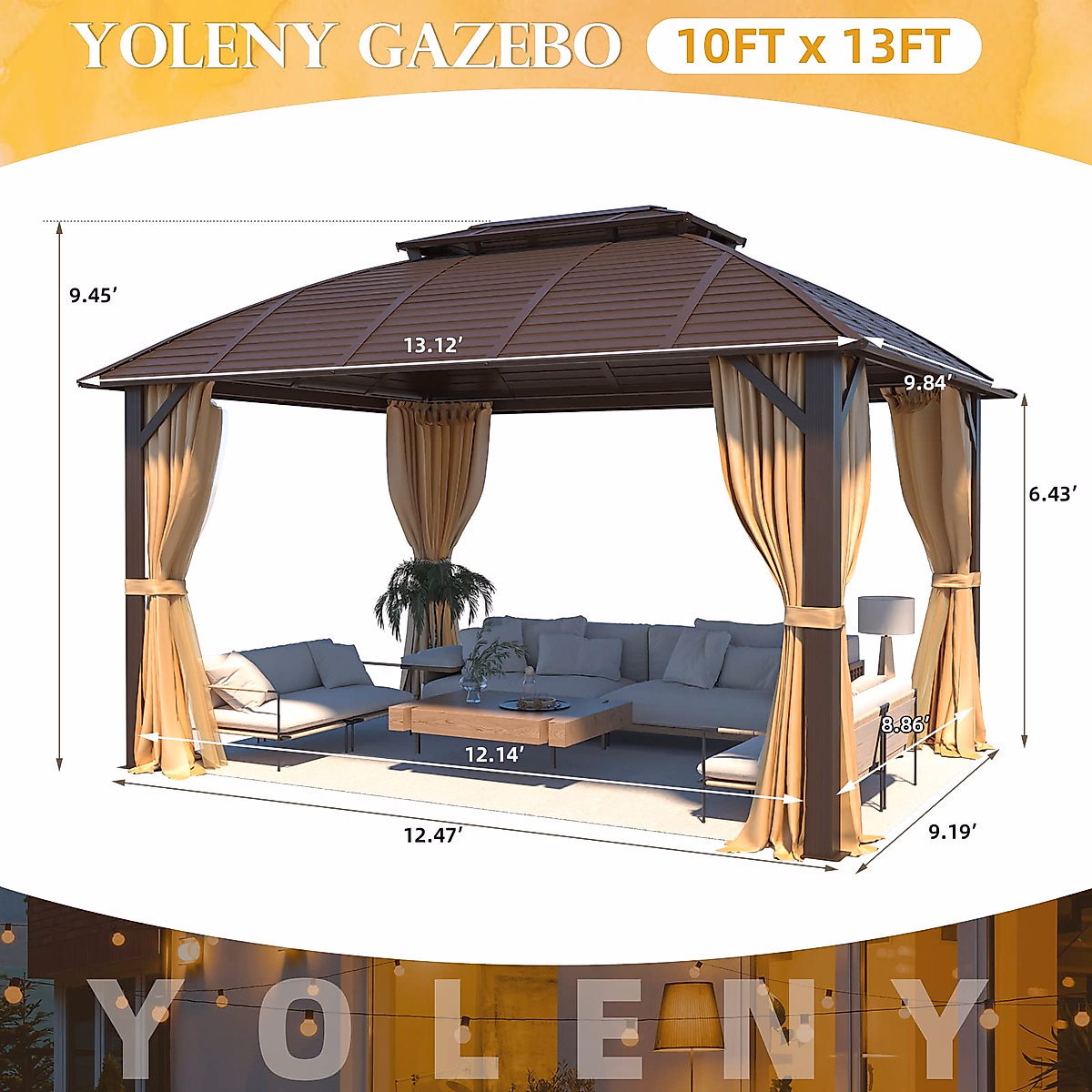 YOLENY 10'x13' Hardtop Gazebo with Galvanized Steel Arc Double Roof，Aluminum Frame Included, Outdoor Canopy Gazebos with Curtain&Netting, Sunshade for Gardens, Lawns, Deck