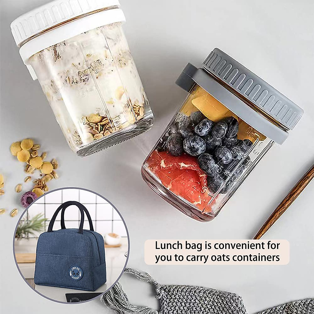 FHDUSRYO 3PCS Overnight Oats Containers with Lids and Spoon, 10oz Overnight Oats Jars, Large Airtight Oatmeal Container with Bag, Glass Mason Jars for Cereal Fruit Milk Salad Meal Prep (White+Grey)