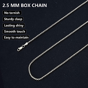 nometo 925 Sterling Silver Necklace, 2.5mm Box Chain, Unisex, 16-30 Inches, Lobster Claw Clasp, Italian Craftsmanship