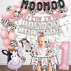 143 PCs Holy Cow I'M One Birthday Decorations for Girl, Fiesec Cow First Birthday Party Supplies Cow Print Balloon Garland Monthly Photo Highchair Glitter Banner Cake Topper Crown Pink White Black